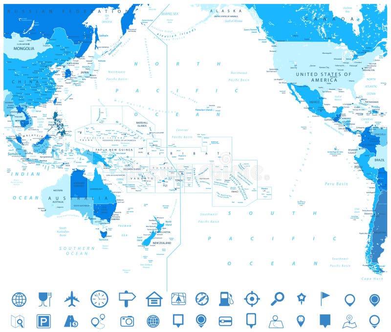 Pacific Ocean Blue Map and Navigation Map Icons Stock Vector ...