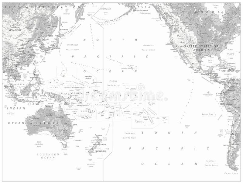 Pacific Ocean Physical Map White and Grey Stock Vector - Illustration ...