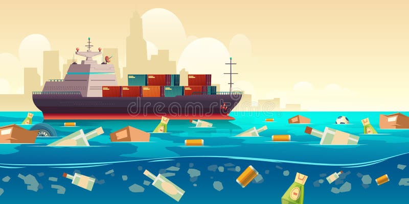 Ship In Polluted Sea With Garbage Isolated On White Background Stock ...