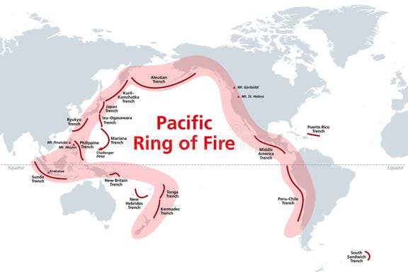 Pacific Ring of Fire, Rim of Fire, World Map with Ocean Trenches Stock ...