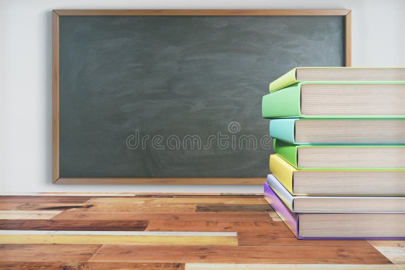Pack of Books on the Wooden School Desk with Blackboard on White Stock ...