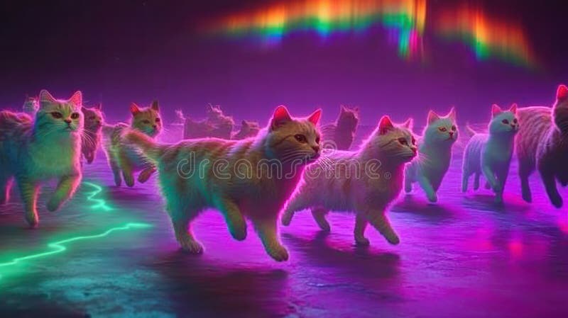 A Pack of Cats Running in a Rainbow and Neon Light Glowing and ...