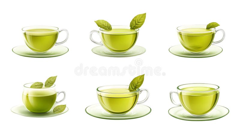 Pack of Clear Green Tea Cups with Tea Leaves on Transparent Background ...