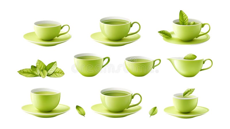 Pack of Clear Green Tea Cups with Tea Leaves on Transparent Background ...
