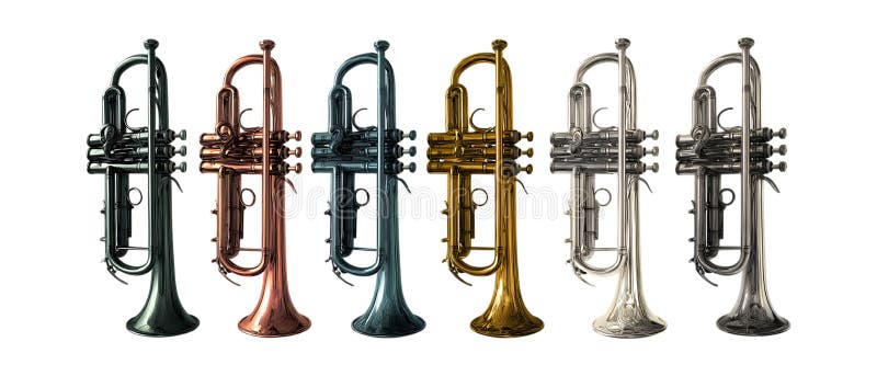 Pack of Collection of Six Different Colored Trumpets Set Against ...