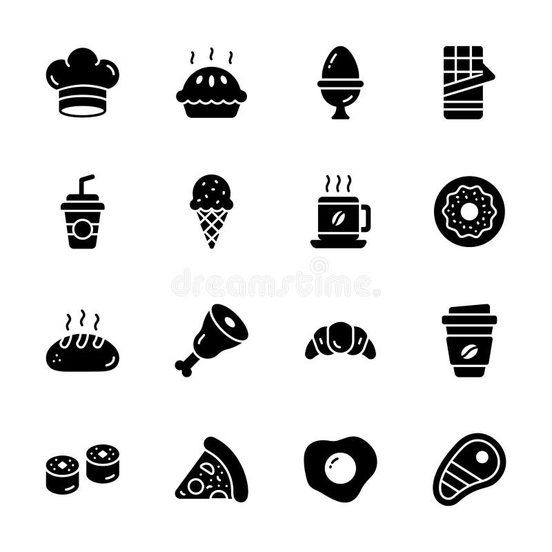 Pack of Confectionery and Refreshment Items Glyph Icons Stock ...