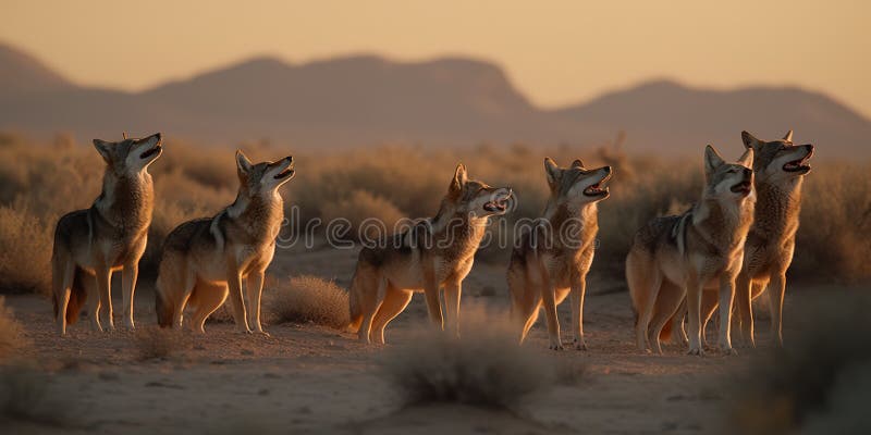 A Pack of Coyotes Howling in the Desert at Dusk, Concept of Wilderness ...