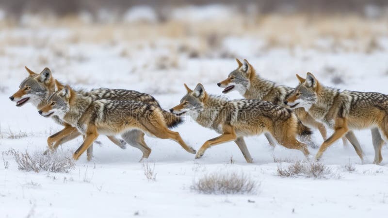 A Pack of Coyotes Running through Snow Stock Illustration ...