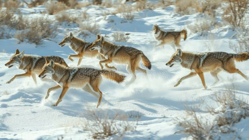 Pack of Coyotes Running in Winter Snow Stock Illustration ...