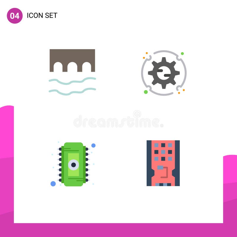 Pack of 4 Creative Flat Icons of Bridge, Chip, Monument, Setting ...