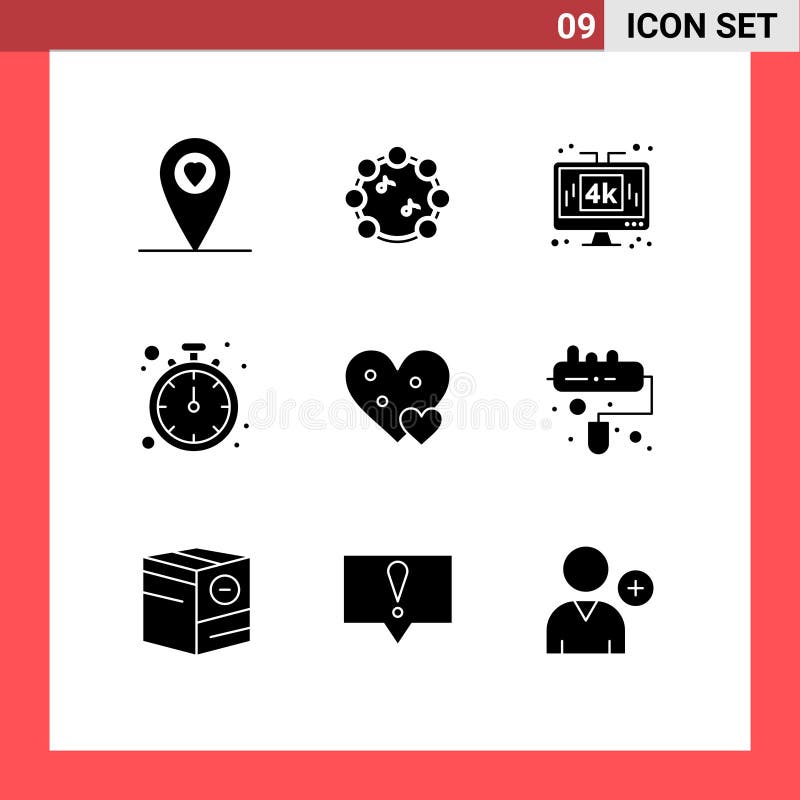 Pack of 9 Creative Solid Glyphs of Gift, Love, Technology, Heart, Timer ...