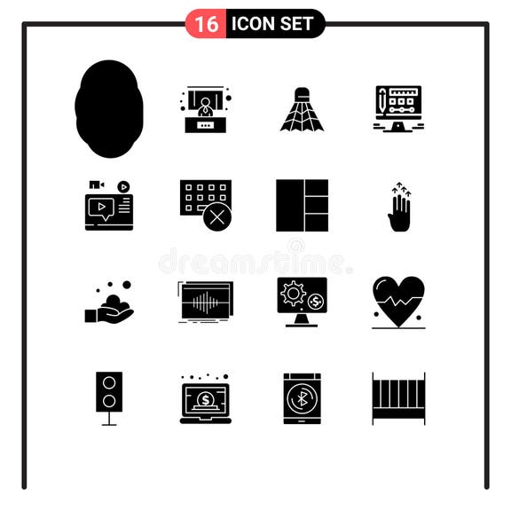 Pack of 16 Creative Solid Glyphs of Youtube, Record, Shuttlecock, Video ...