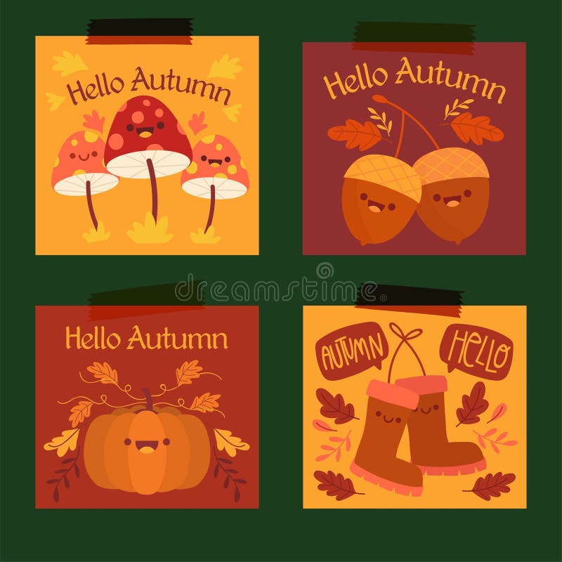 Pack Cute Autumn Cards Vector Design Stock Vector - Illustration of ...