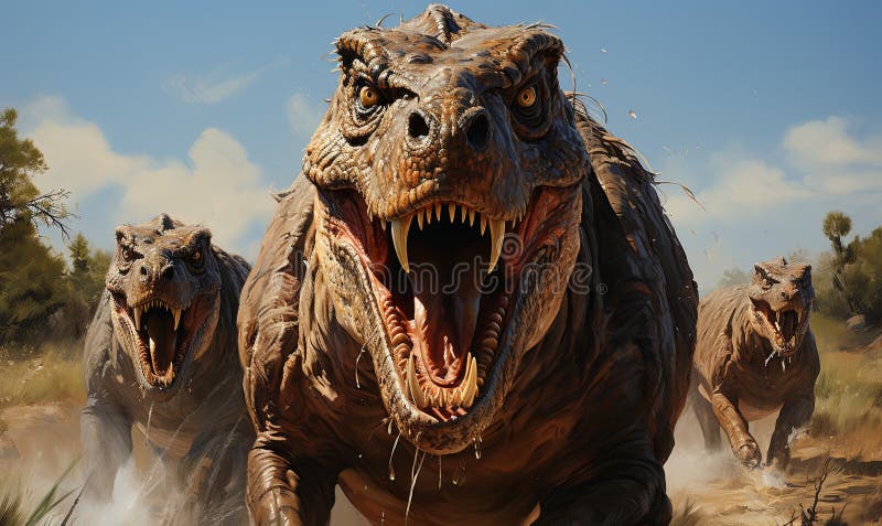 Pack of Dinosaurs Running in Field Stock Photo - Image of fast ...