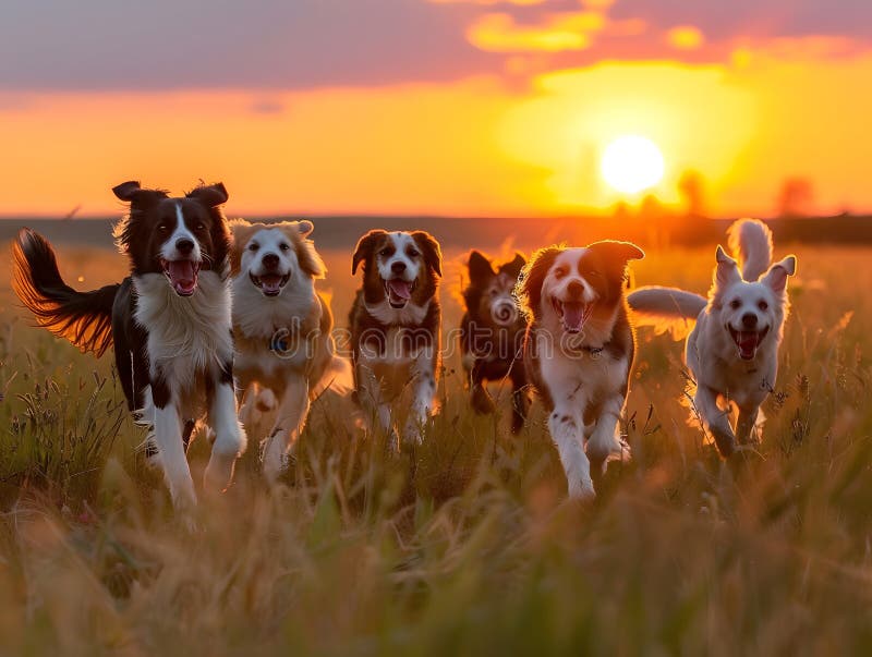 Pack of Dogs Running Across an Open Field at Sunset Stock Illustration ...