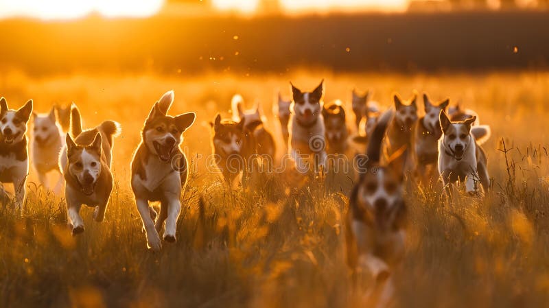 Pack of Dogs Running Across an Open Field at Sunset Stock Illustration ...