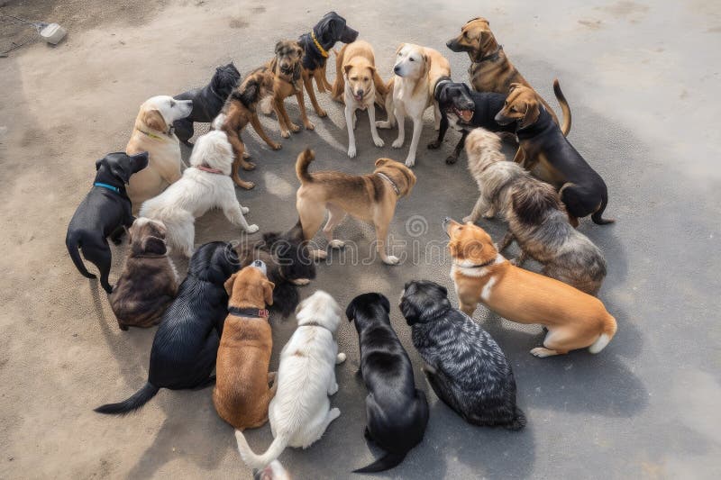 A Pack of Dogs Sitting in a Circle, Looking at One Another Stock ...