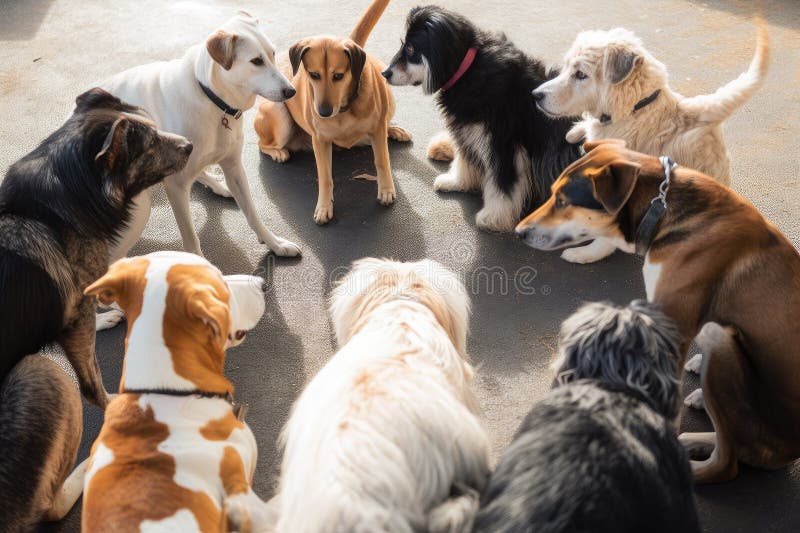 A Pack of Dogs Sitting in a Circle, Looking at One Another Stock ...