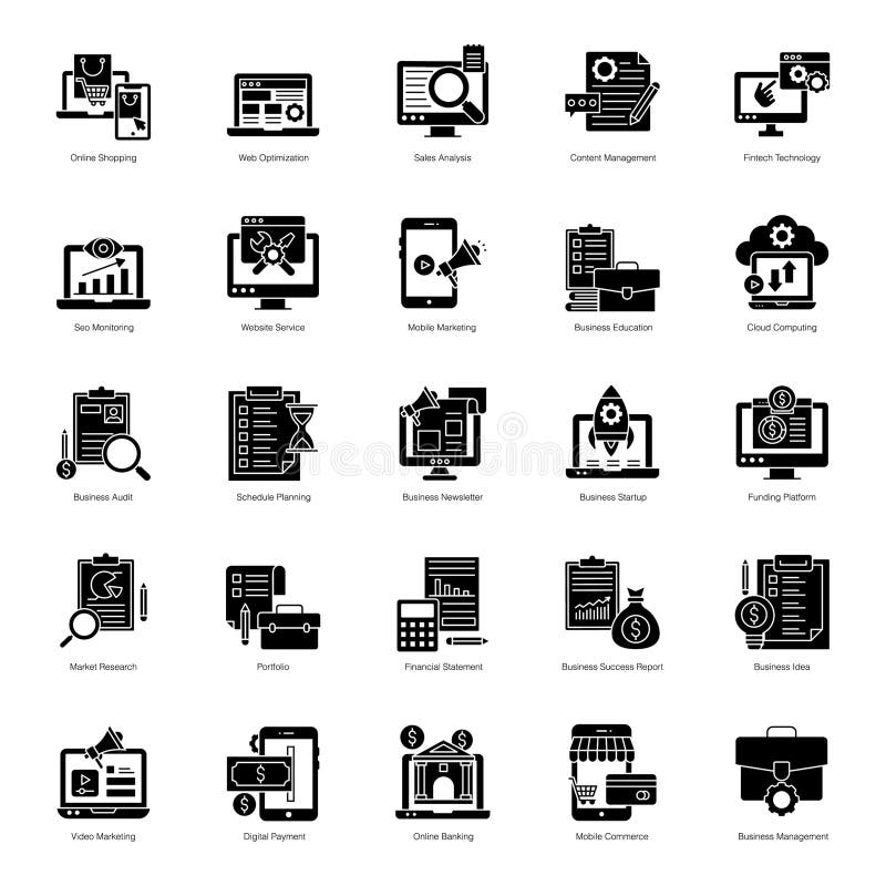 Pack of E Business Solid Icons Stock Vector - Illustration of magnifier ...