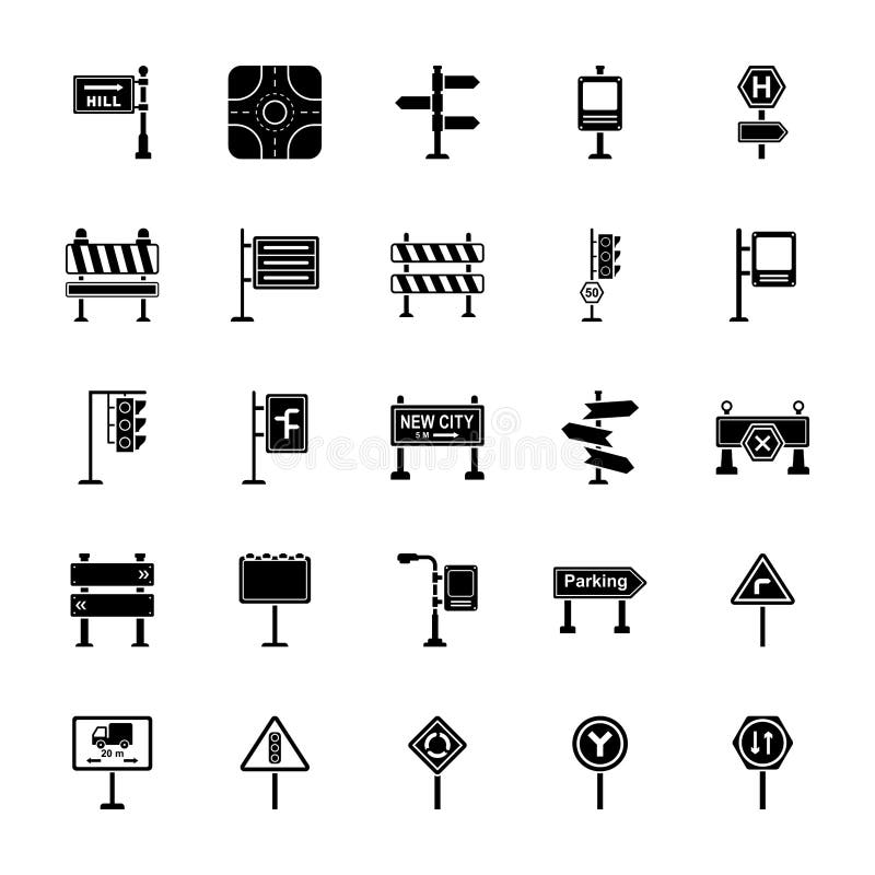 Road Signs and Junctions Glyph Vector Icons Set Stock Illustration ...