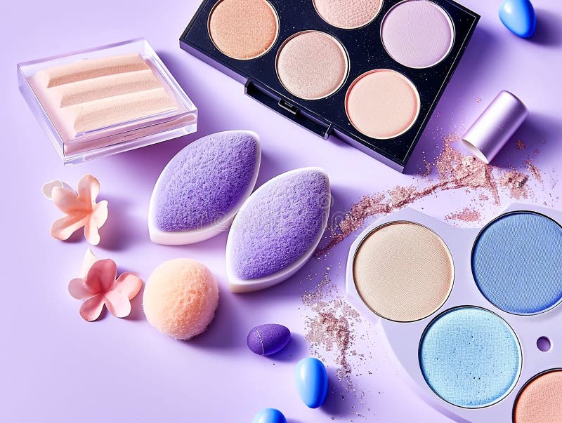 Pack of Eyeshadows of Various Colors with Sponge Next To a Light Purple ...