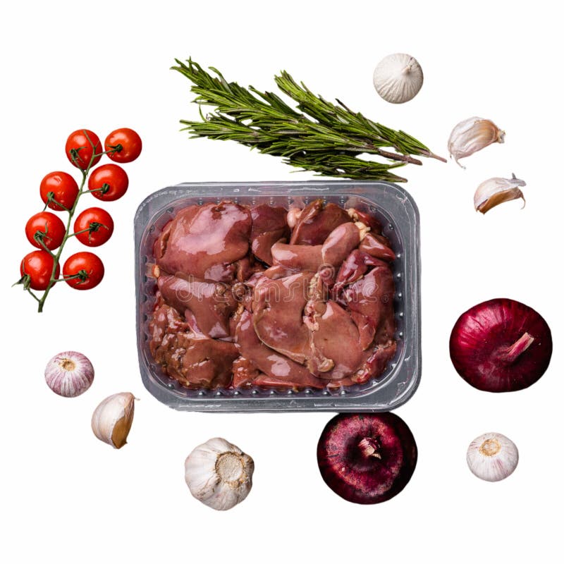 A Pack of Fresh Chicken Liver is Surrounded by Tomatoes, Garlic, Onions ...
