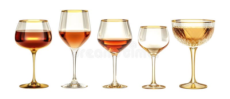 Pack of Golden and Amber Colored Wine Glasses on Transparent Background ...