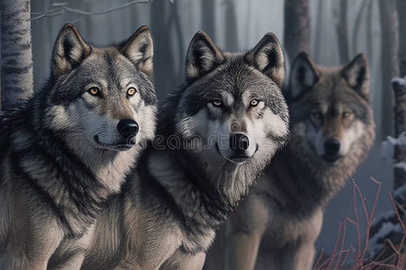 A Pack of Gray Wolves in the Forest. Wolf, Large Pack of Canis Lupus or ...