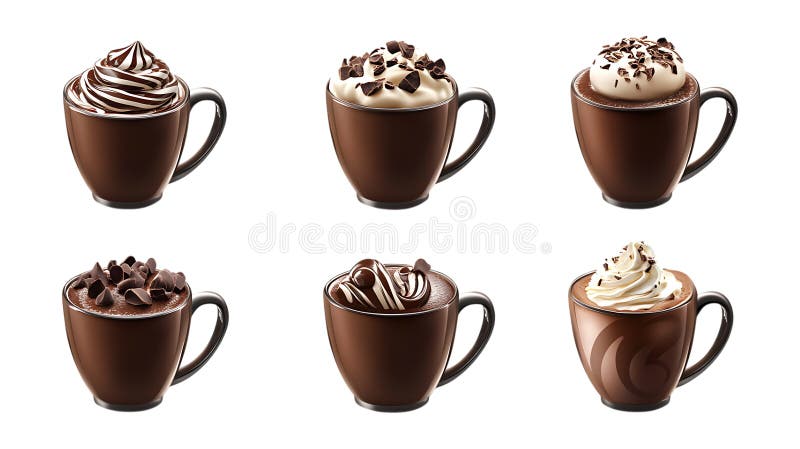 Pack of Hot Chocolate Beverages with Different Toppings on Transparent ...