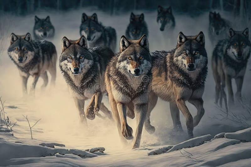 Pack of Hungry Wolves Hunting in Winter Stock Illustration ...