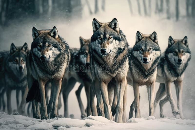 Pack of Hungry Wolves Hunting in Winter Stock Illustration ...
