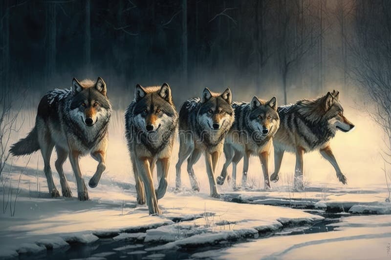 Pack of Hungry Wolves Hunting in Winter Stock Illustration ...