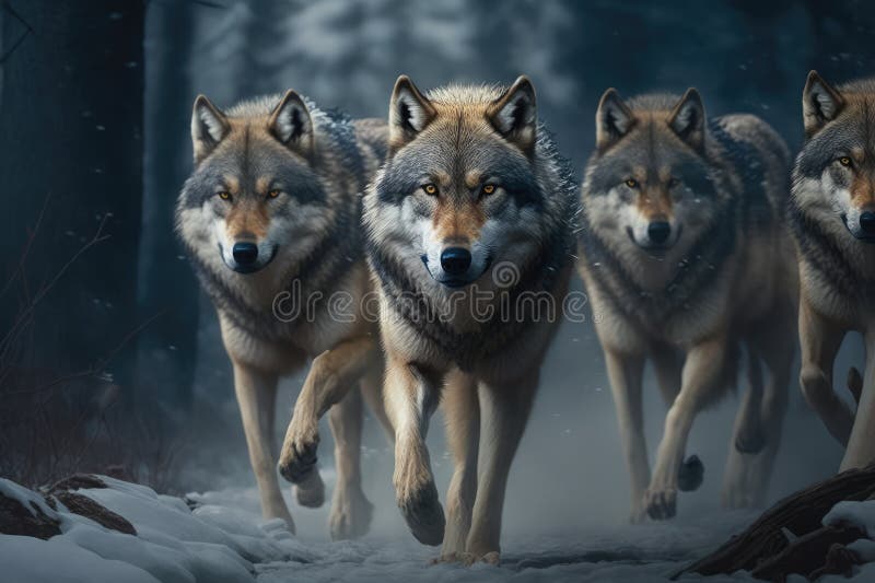 Pack of Hungry Wolves Hunting in Winter Stock Illustration ...