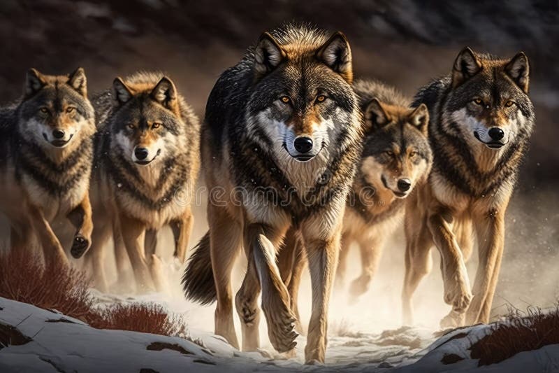 Pack of Hungry Wolves Hunting in Winter Stock Illustration ...