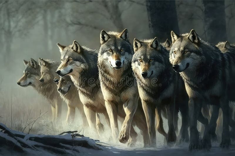 Pack of Hungry Wolves Hunting in Winter Stock Illustration ...