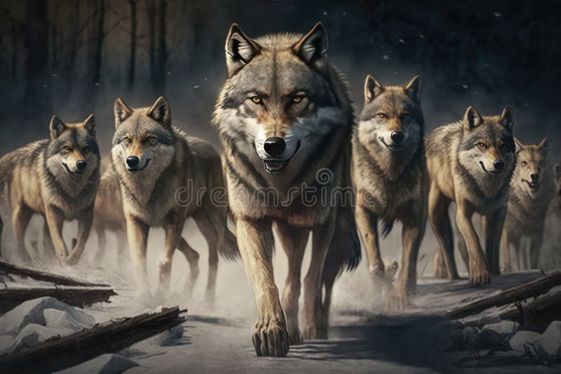Pack of Hungry Wolves Hunting in Winter Stock Illustration ...