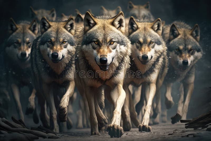 Pack of Hungry Wolves Hunting in Winter Stock Illustration ...