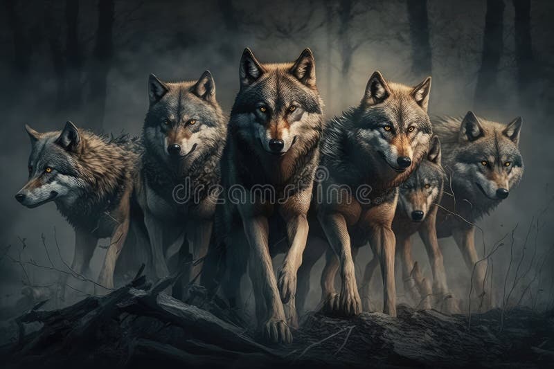 Pack of Hungry Wolves Hunting in Winter Stock Illustration ...