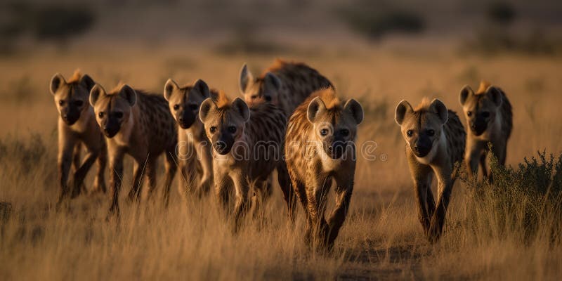 A Pack of Hyenas Playfully Chasing Each Other in the Grasslands ...