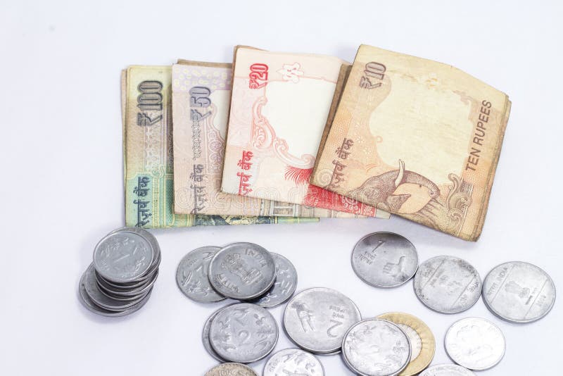 Pack of Indian Currency Notes and Coins Lying on the Table Stock Photo ...