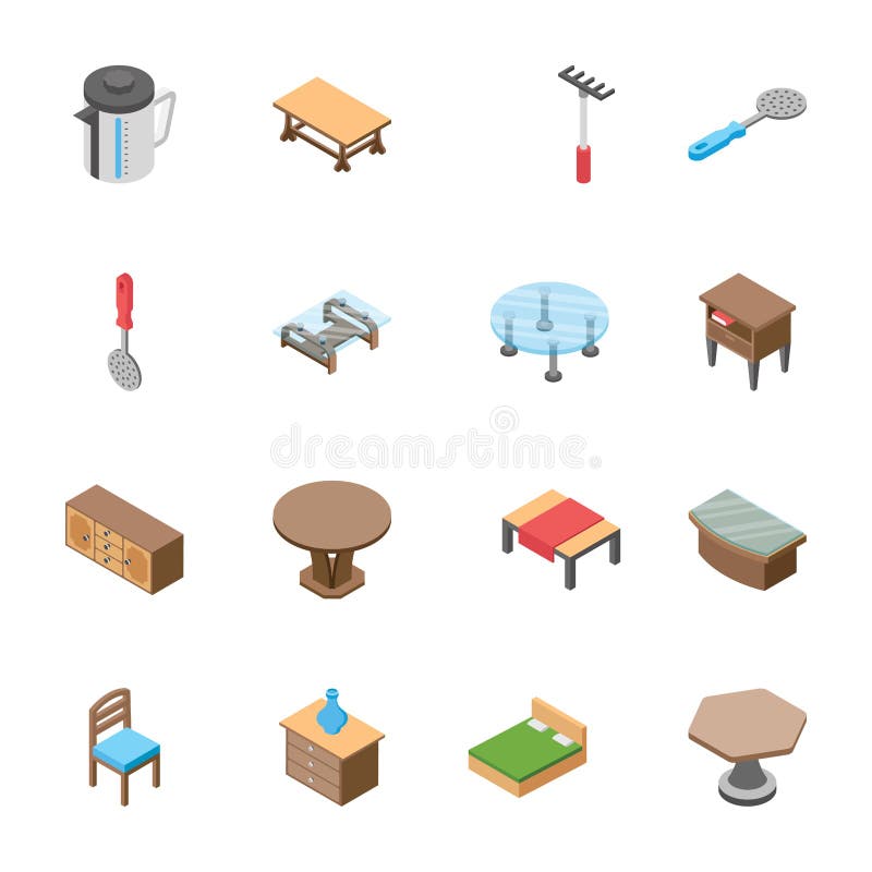 Pack of Isometric Objects stock illustration. Illustration of utensil ...
