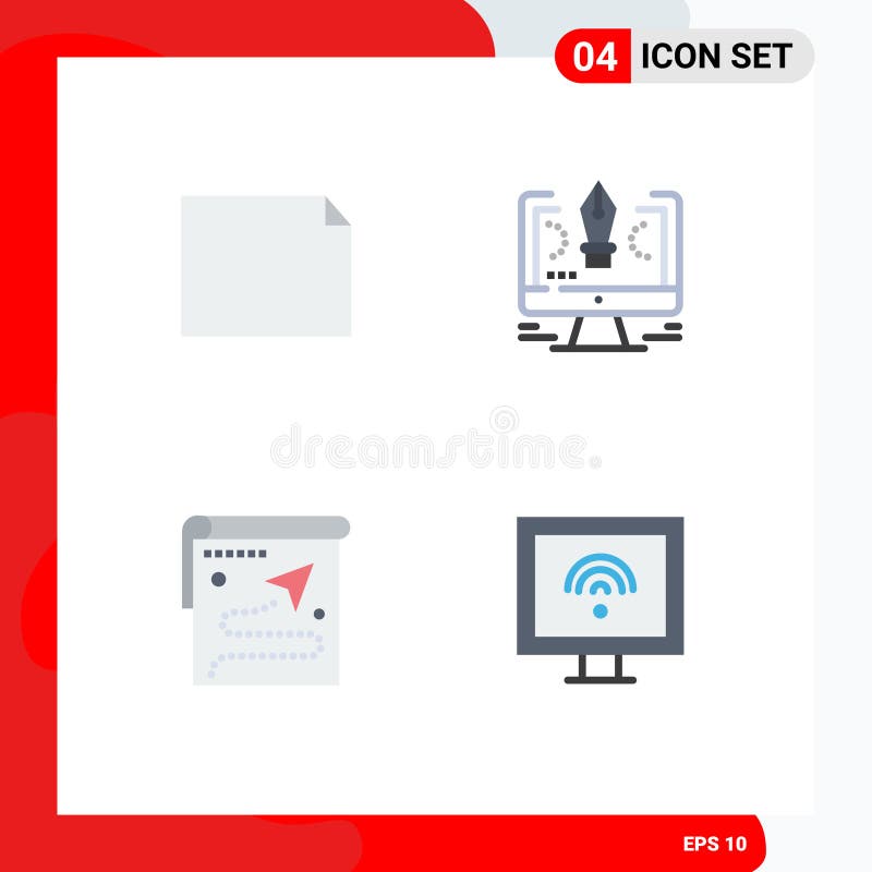 Group of 4 Flat Icons Signs and Symbols for Document, Route, Pen ...