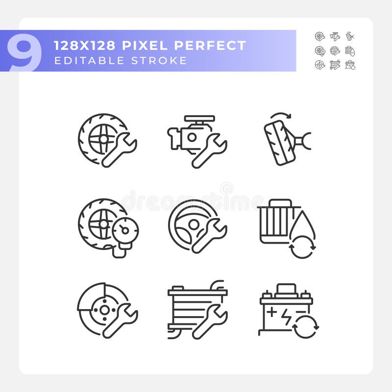 Pack of Pixel Perfect Black Car Repair and Service Icons Stock Vector ...