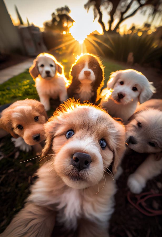 A Pack of Puppies Take a Selfie. AI Generated Stock Illustration ...