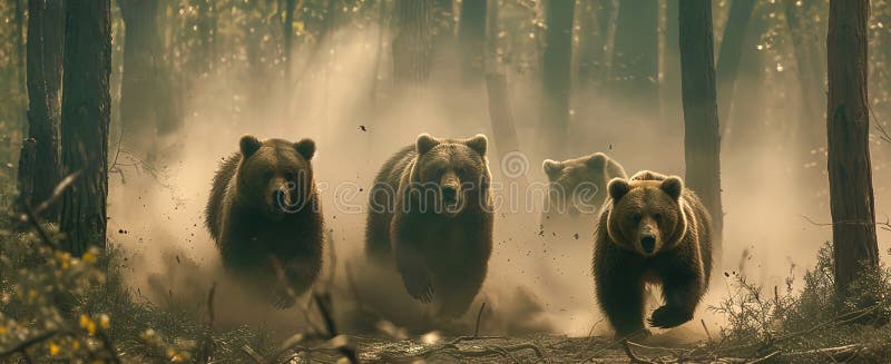 A Pack of Running Bears in the Forest Stock Photo - Image of furry ...