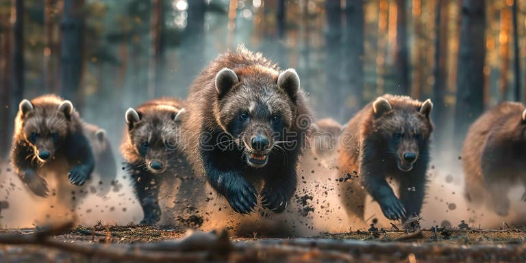 A Pack of Running Bears in the Forest Stock Image - Image of wildlife ...