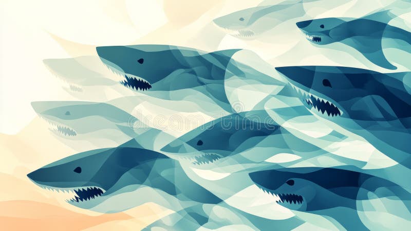 Pack of Sharks Swimming in Formation Creating a Wave Effect Stock Image ...