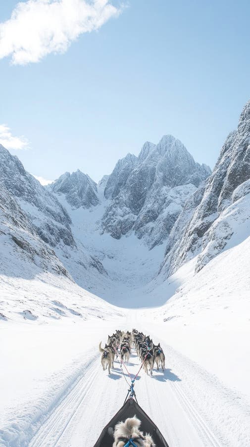 Pack of Sled Dogs Pulling a Sled in a Snowy Mountain Valley Stock Image ...