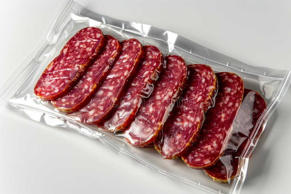 Pack of Sliced Salami on White Surface Stock Photo - Image of spicy ...