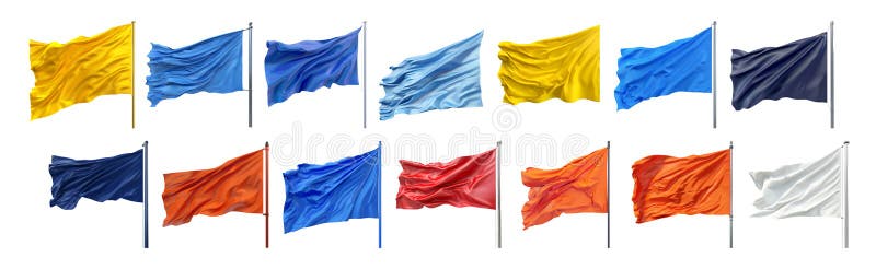 Pack of Solid Color Waving Flag on Flagpole on Transparent Background ...